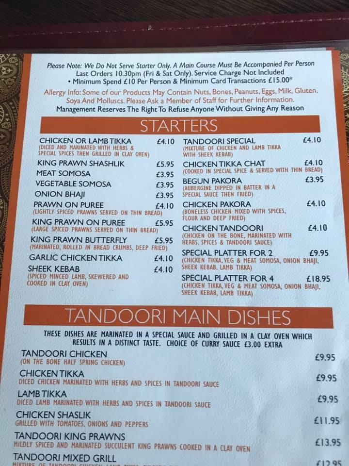 Menu at Lake Raj restaurant, Windermere