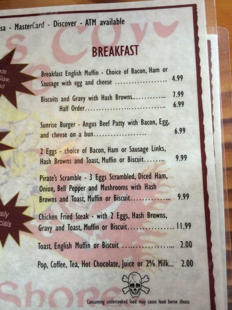 Menu at Pirates Cove Pub, Ocean Shores