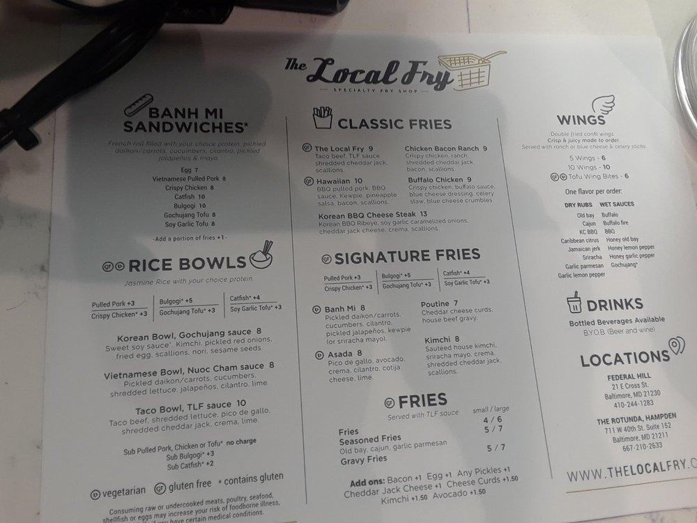 Menu at The Local Fry restaurant, Baltimore, 711 W 40th St Suite 152