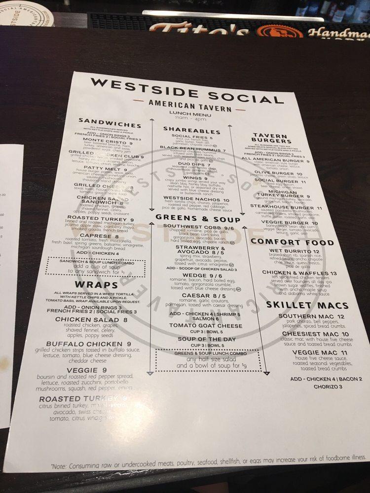 Menu at Westside Social restaurant, Grand Rapids