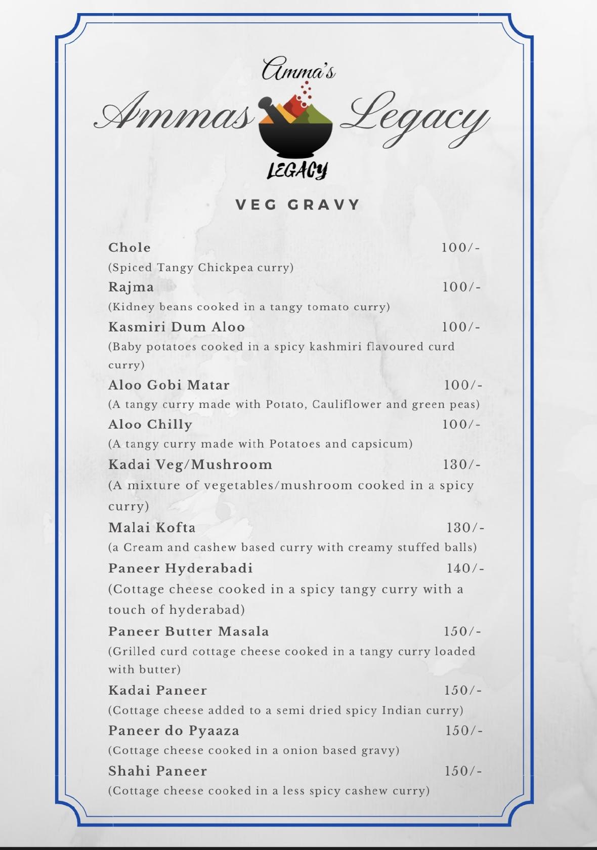 Menu at Amma's Legacy, Bengaluru, 149/3 l.b.s nagar