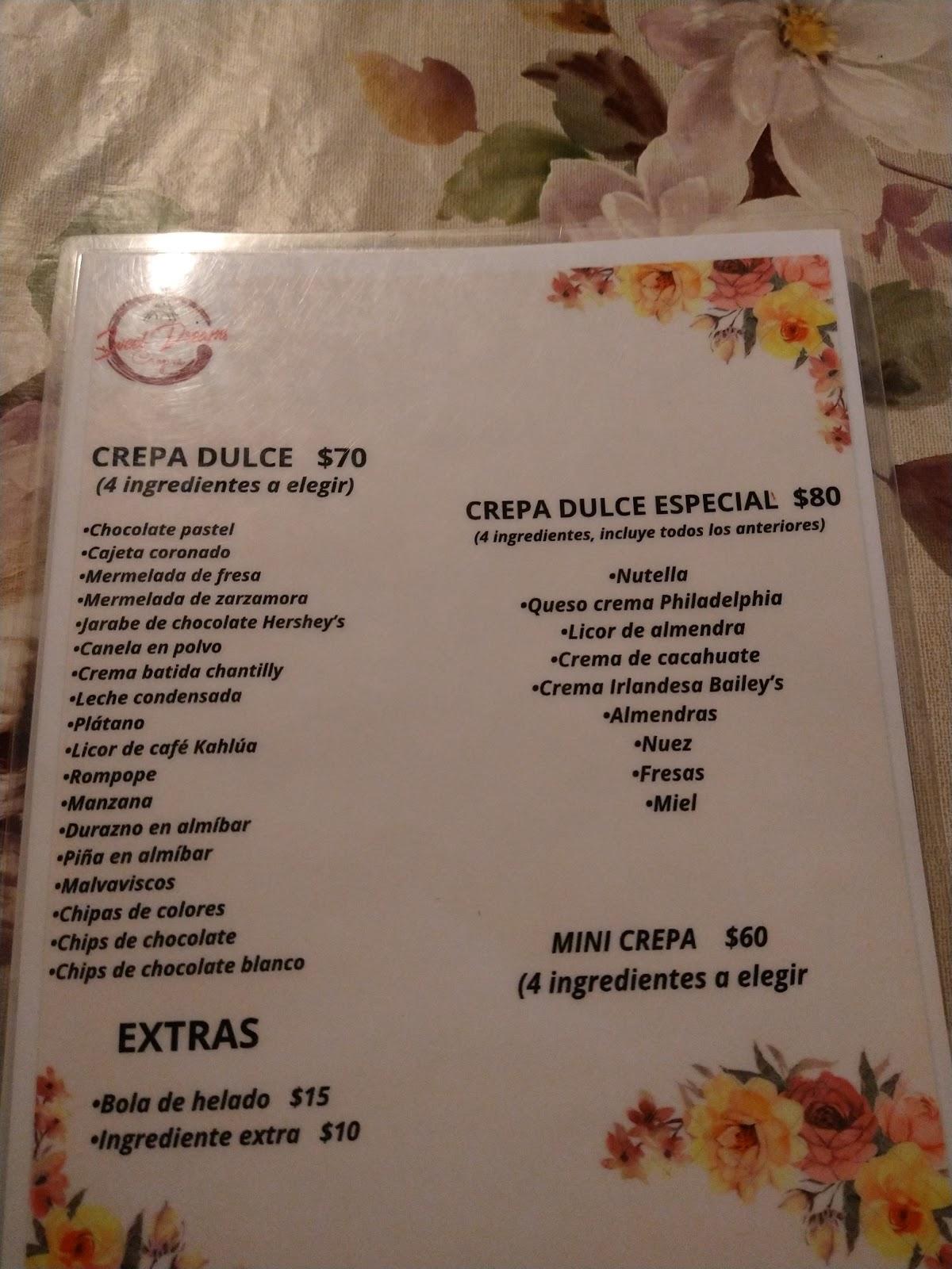 Carta del café Crepas Sweet Dreams Aralias, Puerto Vallarta