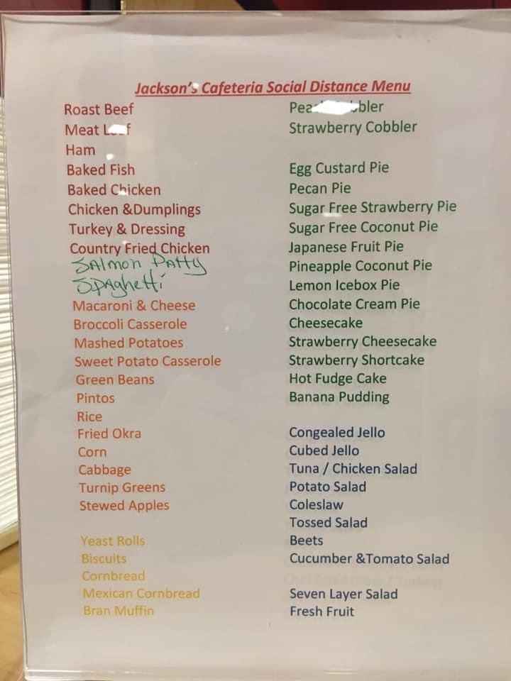 Menu at Jackson's Cafeteria, Gastonia, E Franklin Blvd