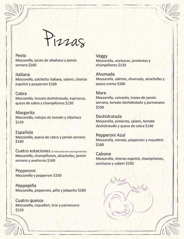 Menu at Mozzarella pizzeria, San Pedro Garza García