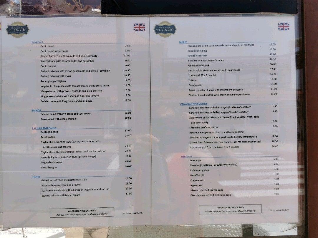 Menu at Restaurant El Patio, Castillo Caleta de Fuste