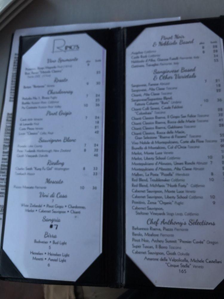 Menu at Rino's Place restaurant, Boston