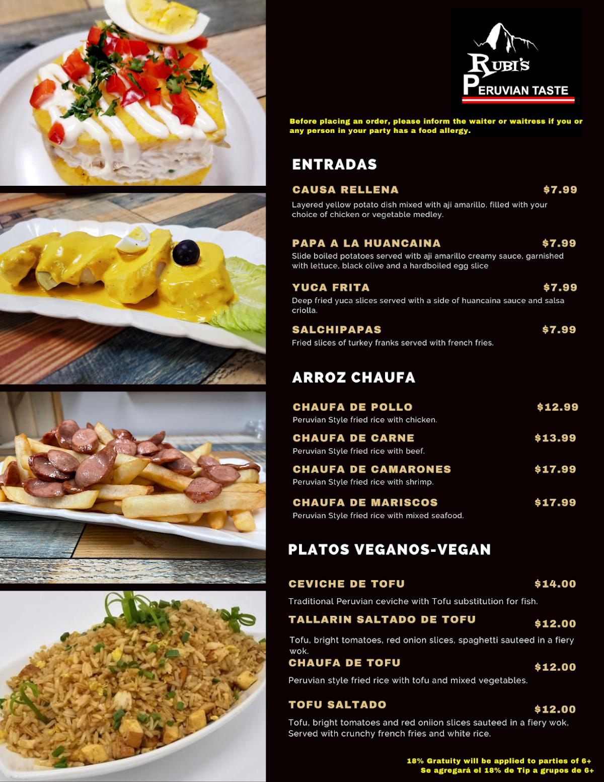 Carta del restaurante Rubi's Peruvian Taste, Salt Lake City