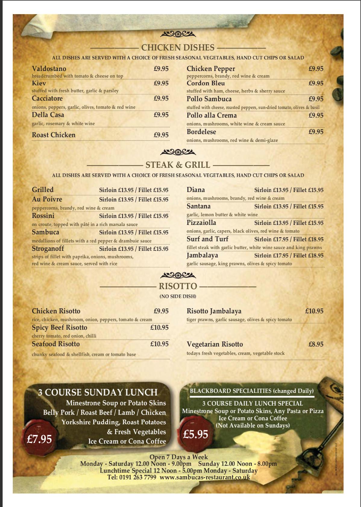 Menu at Sambuca - Tyne Tunnel restaurant, Wallsend