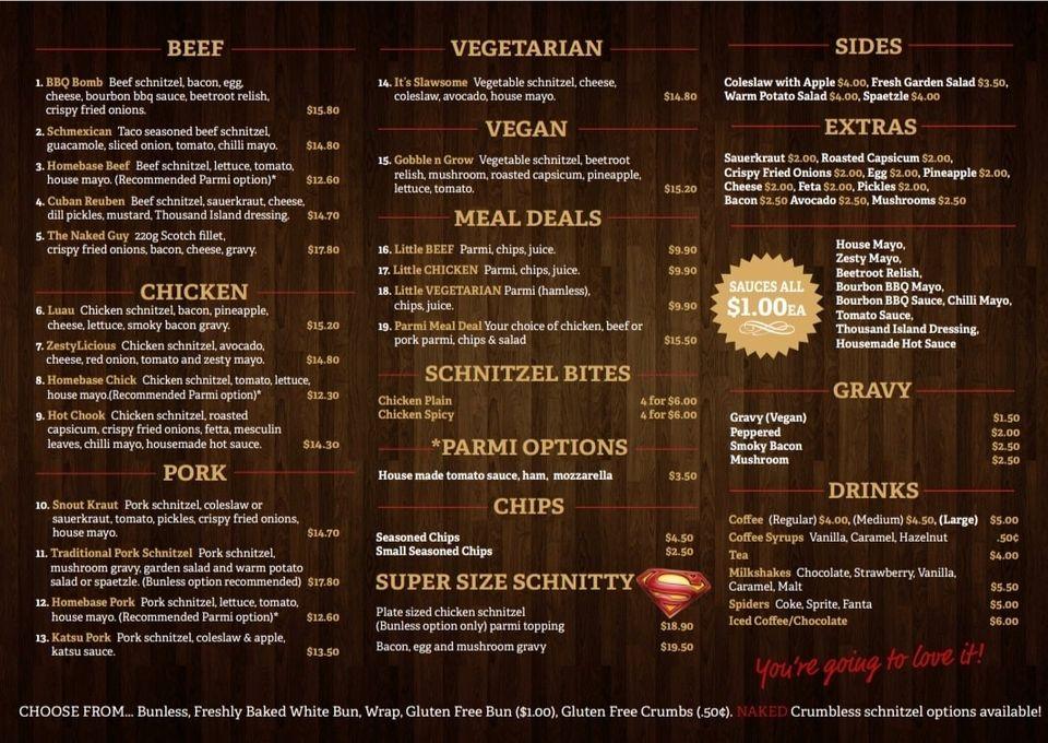 Menu at Schnitty Bar, Invermay