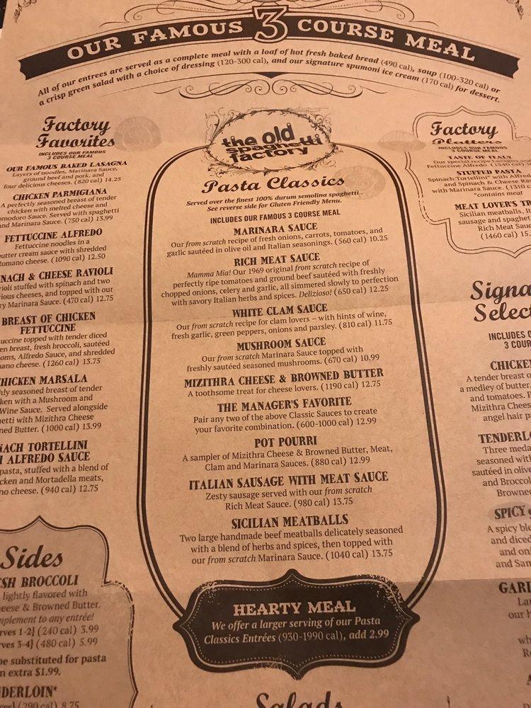 Menu at The Old Spaghetti Factory restaurant, Carmel