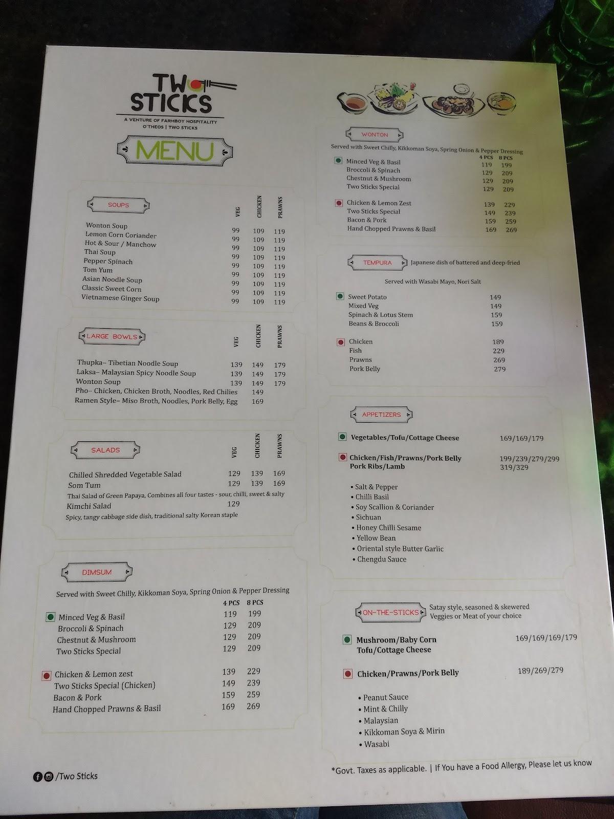 Menu at Two Sticks, Pune, Shop No. G-01