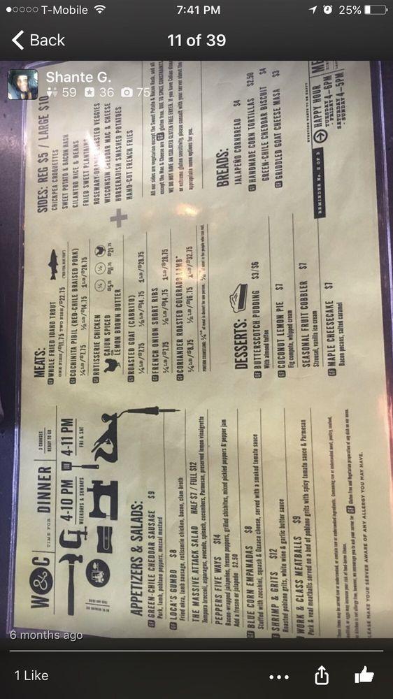 Menu at Work & Class pub & bar, Denver