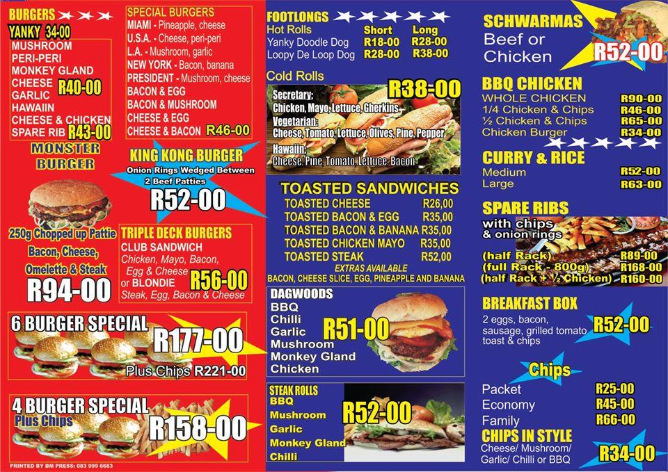 Menu at YANKYS FAIRLAND restaurant, Randburg