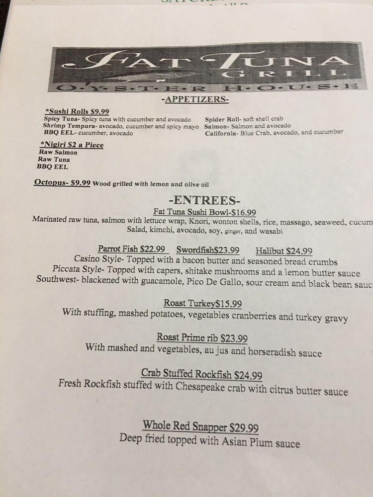 Menu at Fat Tuna Grill & Oyster House restaurant, Williamsburg