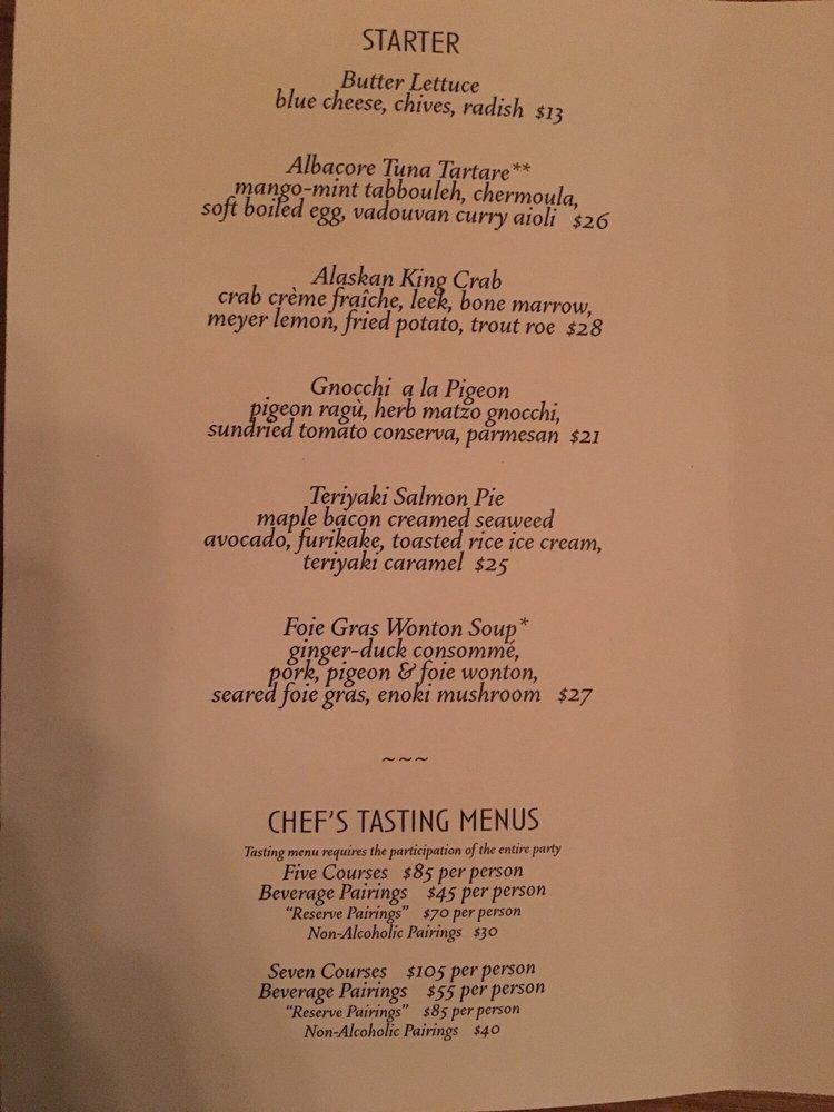 Menu at Le Pigeon restaurant, Portland