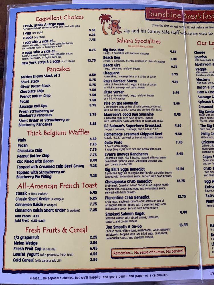 Menu at Sahara Cafe, Ocean City