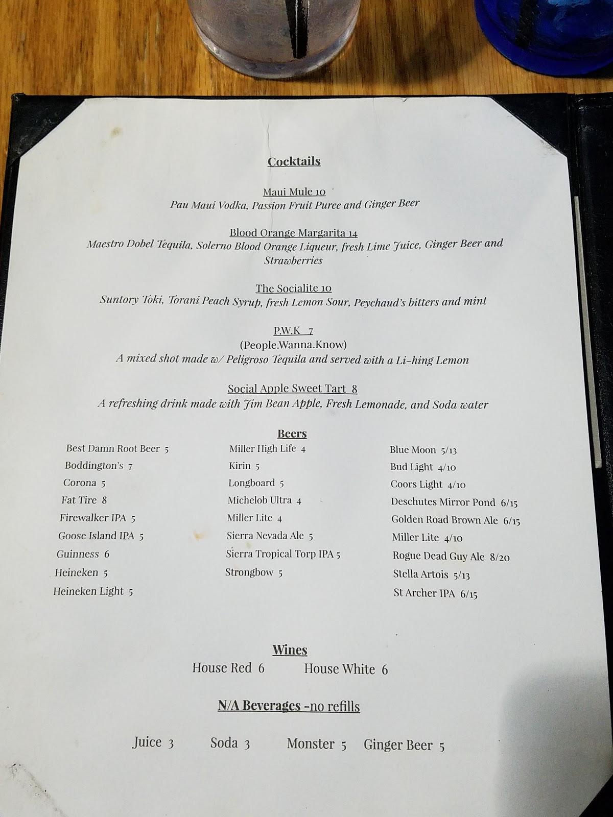 Menu at The Social Honolulu pub & bar, Honolulu, Auahi St floor 2