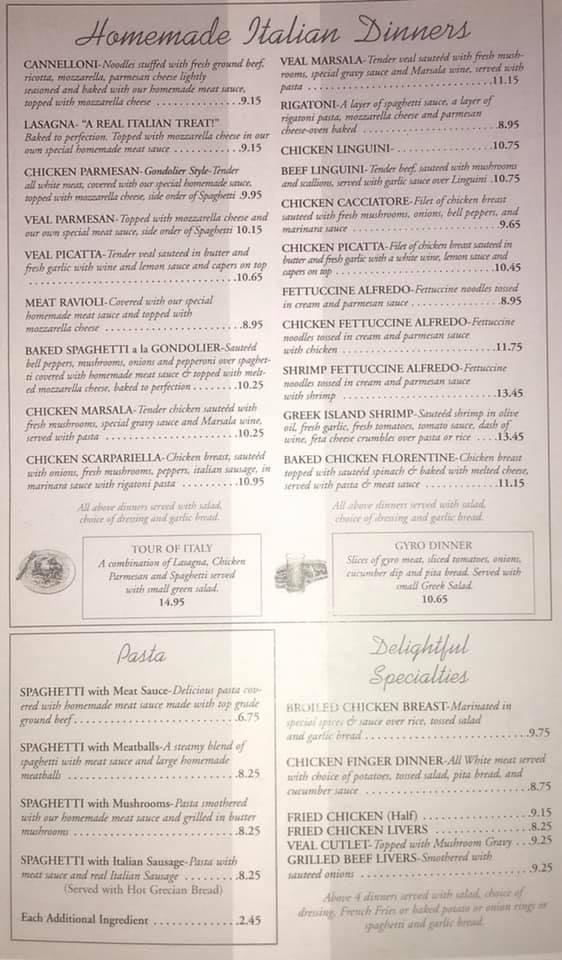 Menu at Gondolier Pizza & Steak House pizzeria, Sweetwater, 789 TN-68
