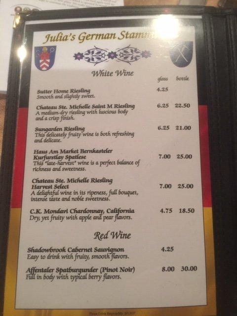 Menu at Julia's German Stammtisch restaurant, Columbia, 120 ...