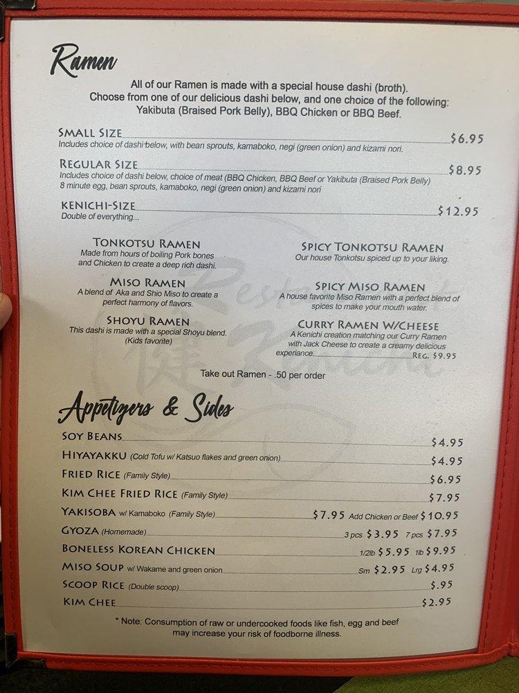 Carta de Kenichi Restaurant, Hilo, 684 Kilauea Ave