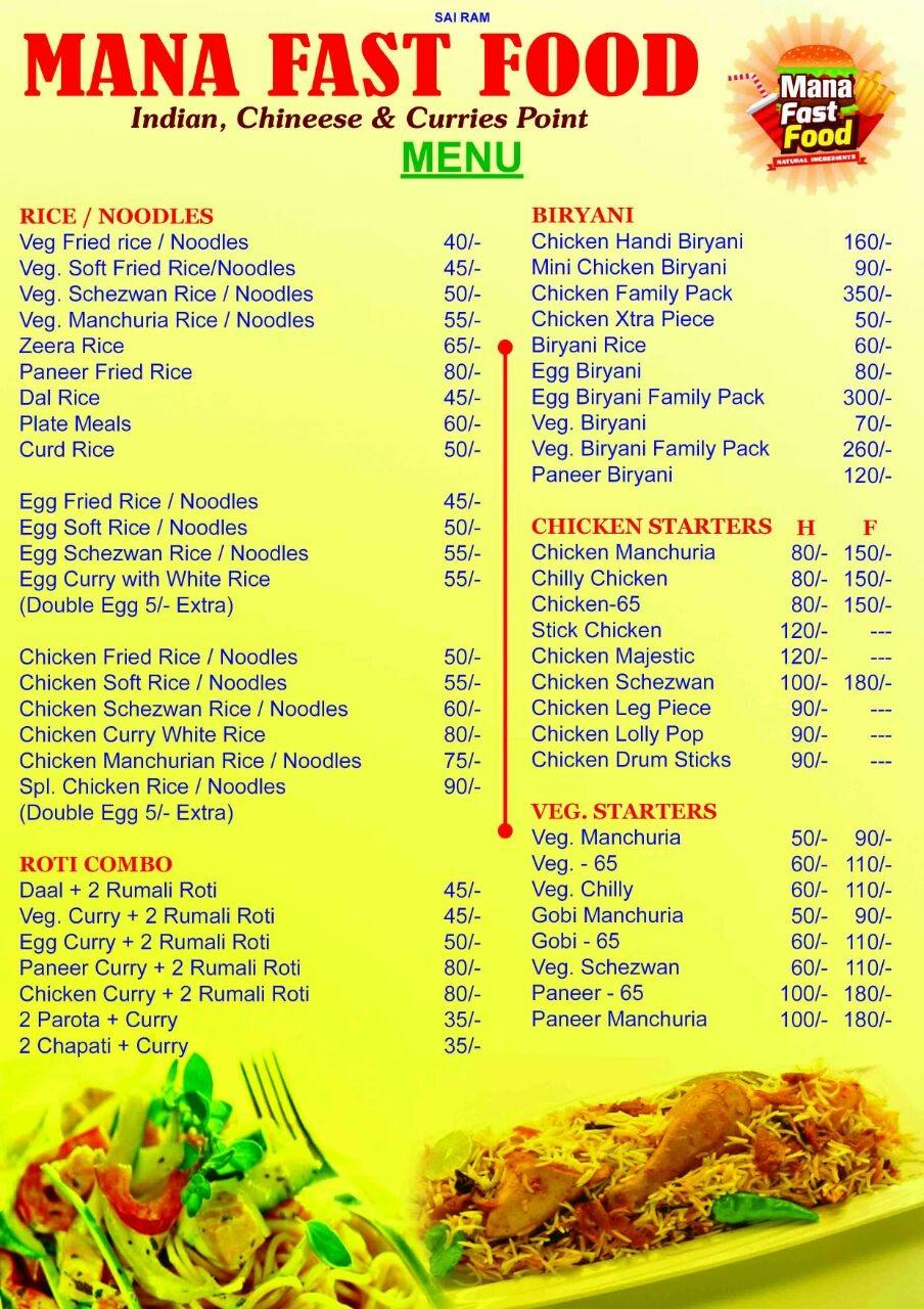 Menu at Mana Fast Food, India
