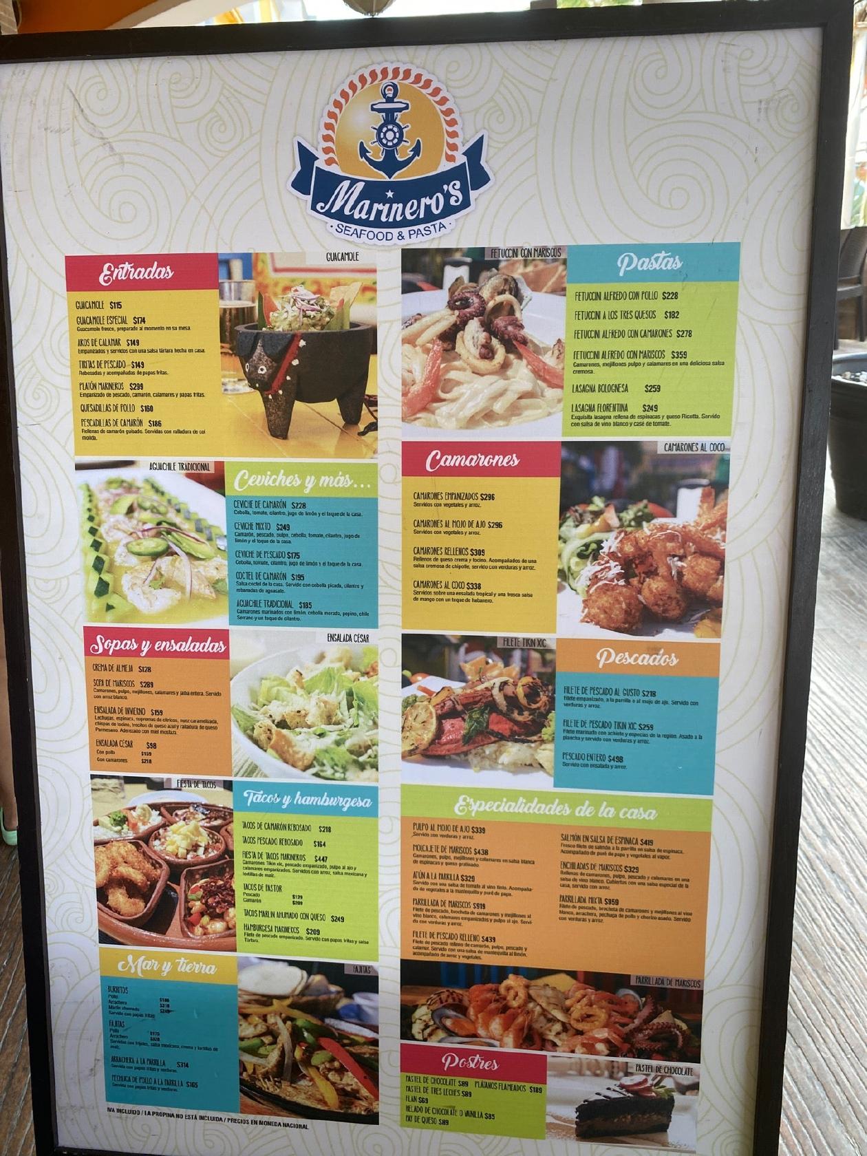 Carta del restaurante Marinero's, Cancún