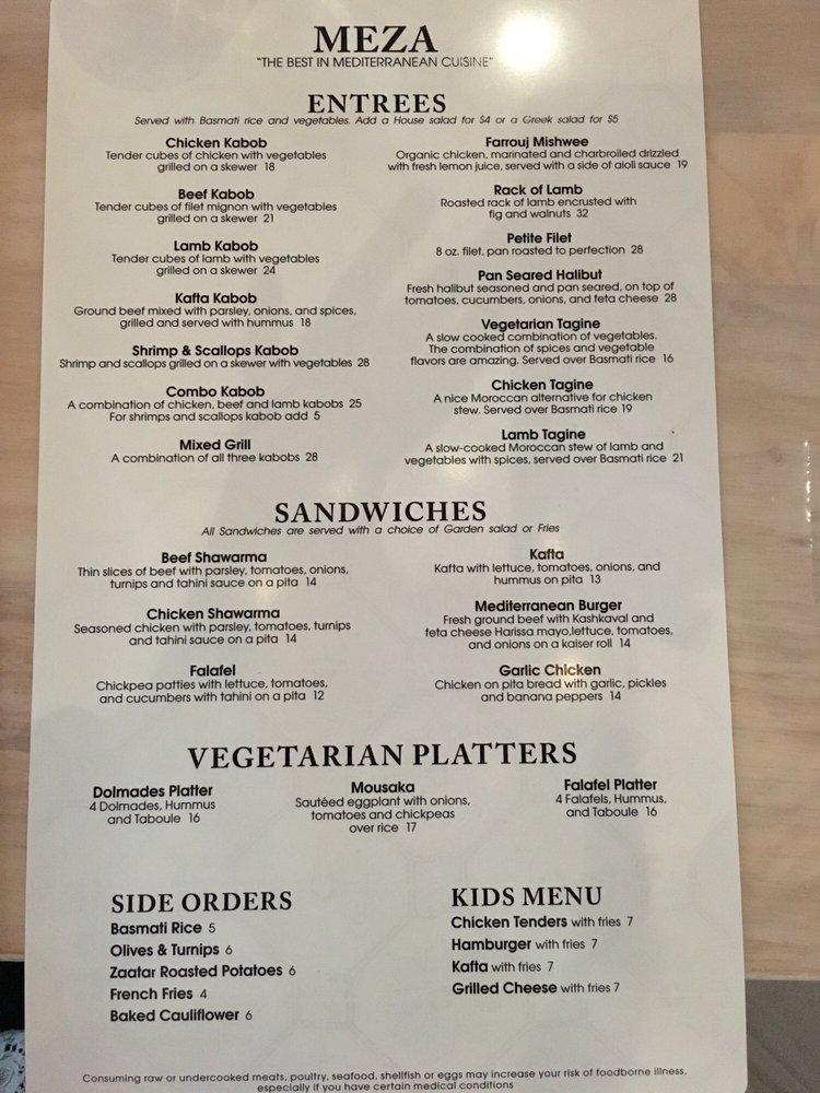 Menu at Meza Mediterranean Grill restaurant, Orlando, Jake St