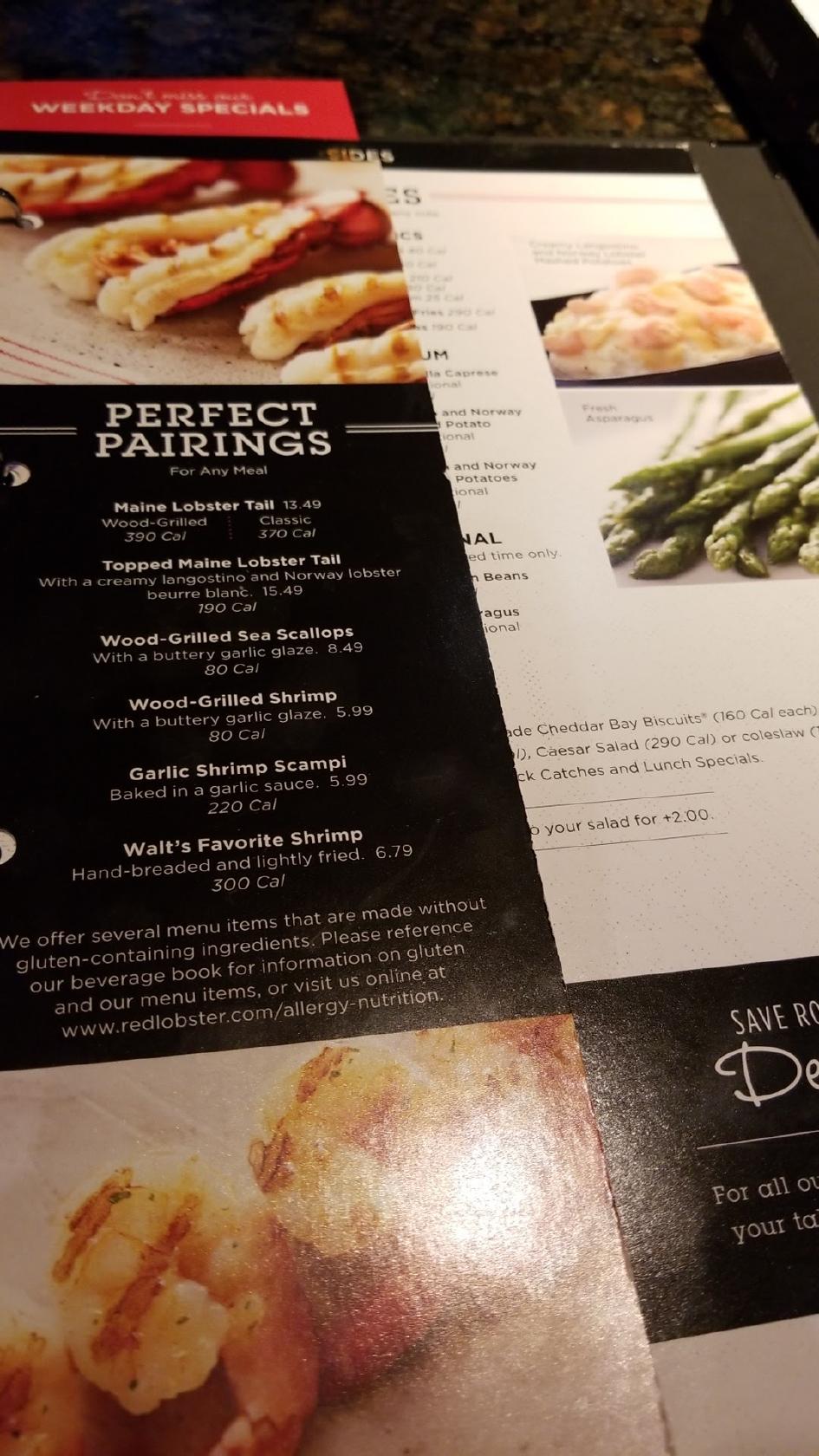 Menu at Red Lobster restaurant, Vancouver