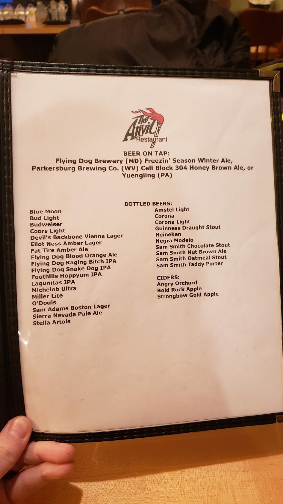 Menu at The Anvil Restaurant, Harpers Ferry