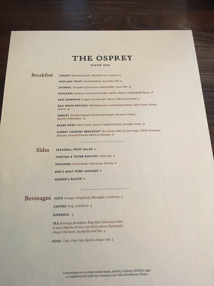 Menu at The Osprey restaurant, New York City