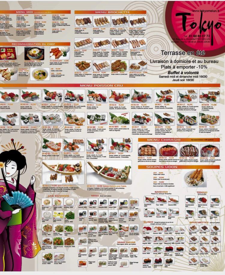 Menu at Tokyo Restaurant, Melun