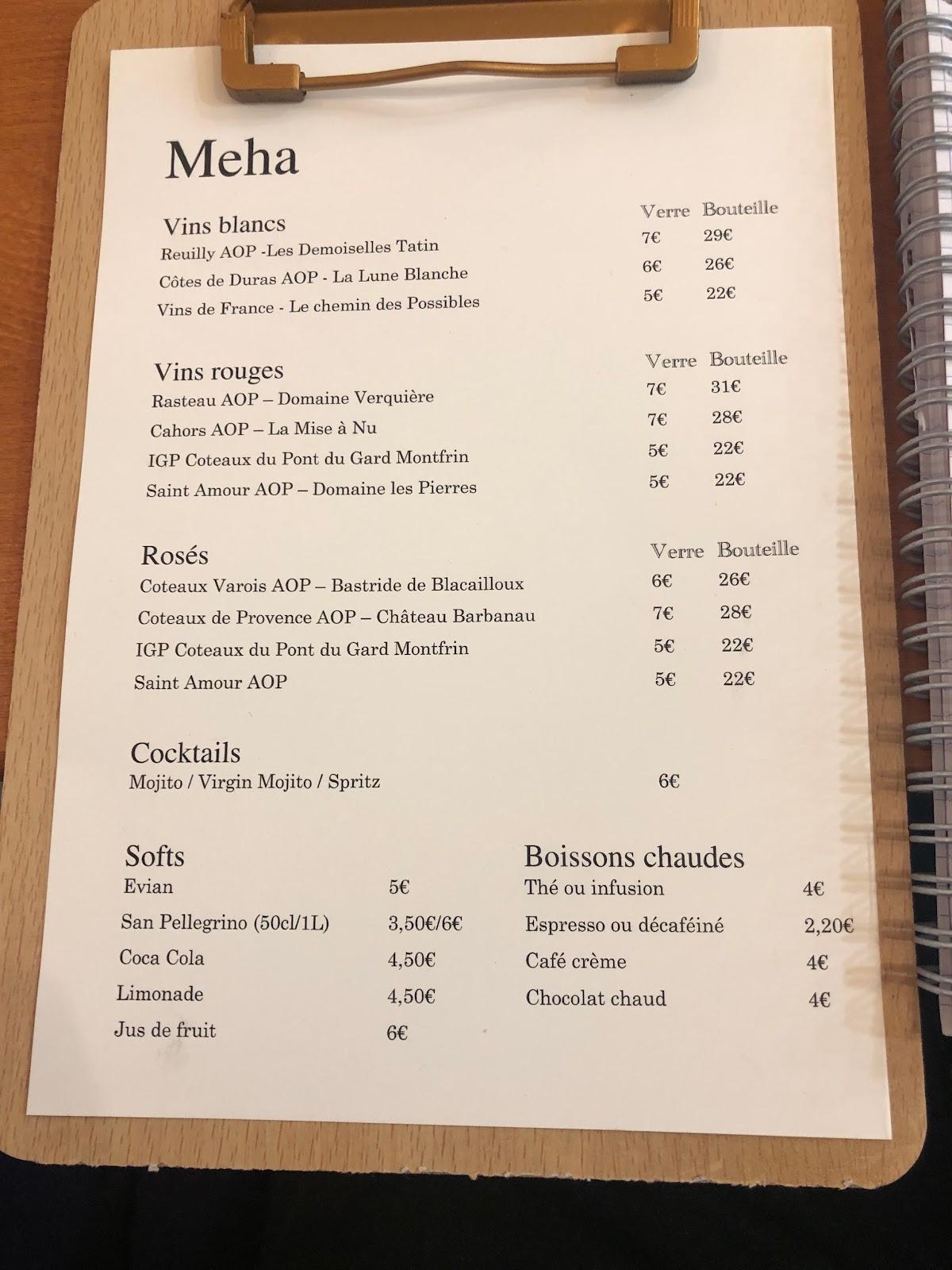 Menu at Meha restaurant, Paris