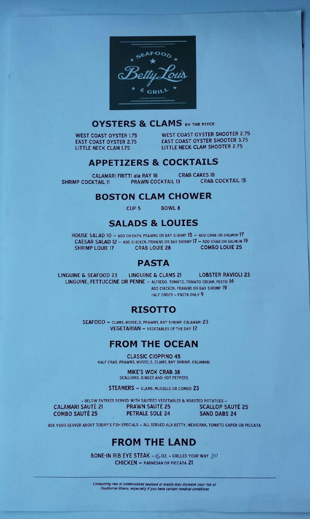 Menu at Betty Lou's Seafood & Grill pub & bar, San Francisco