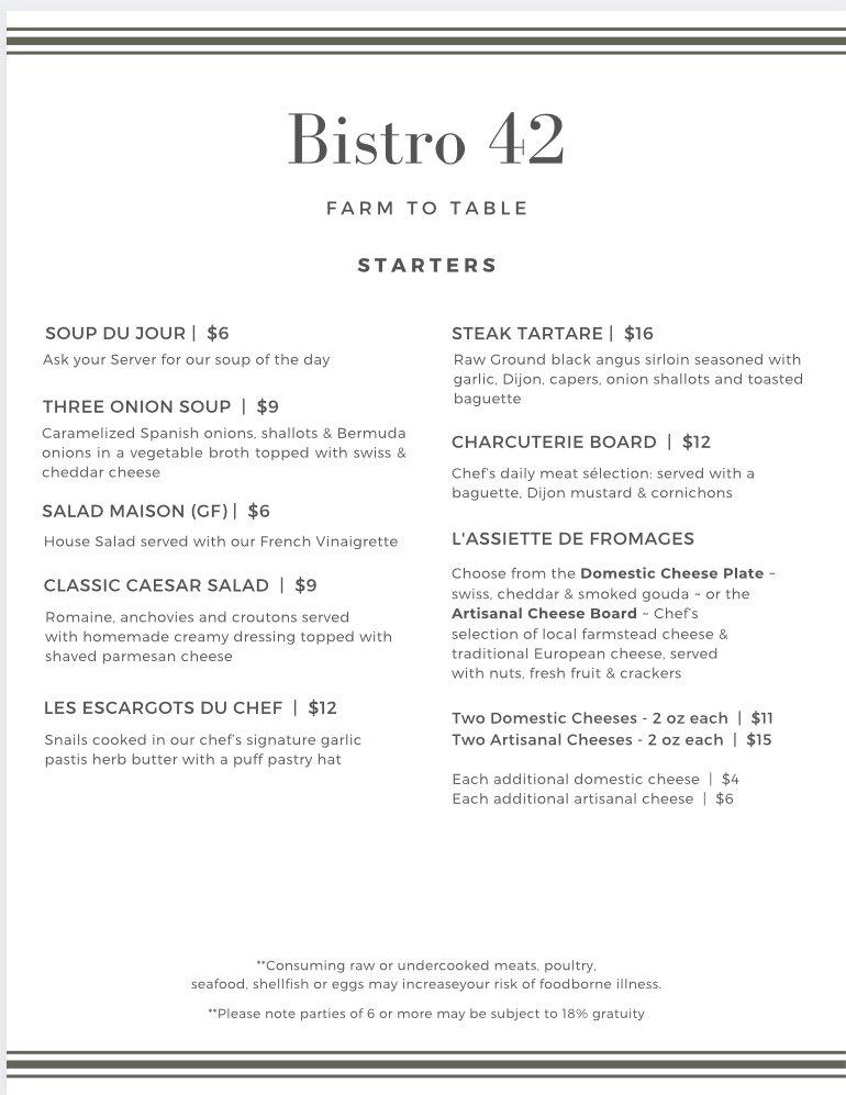 Menu at Bistro 42 restaurant, Hoosick Falls