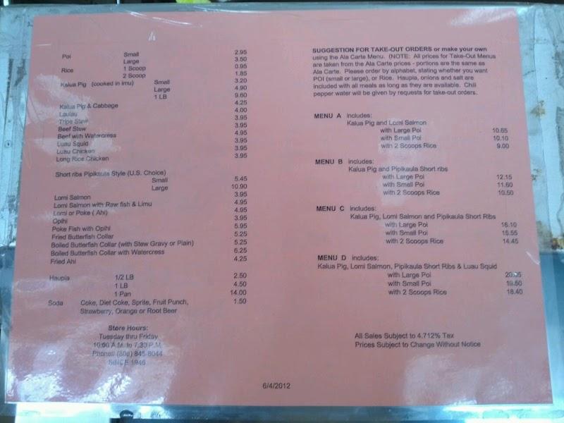 Menu at Helena's Hawaiian Food restaurant, Honolulu