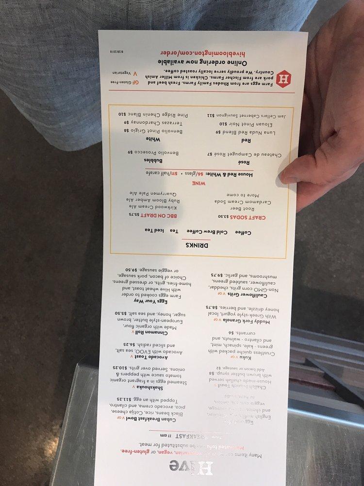 Menu at Hive restaurant, Bloomington