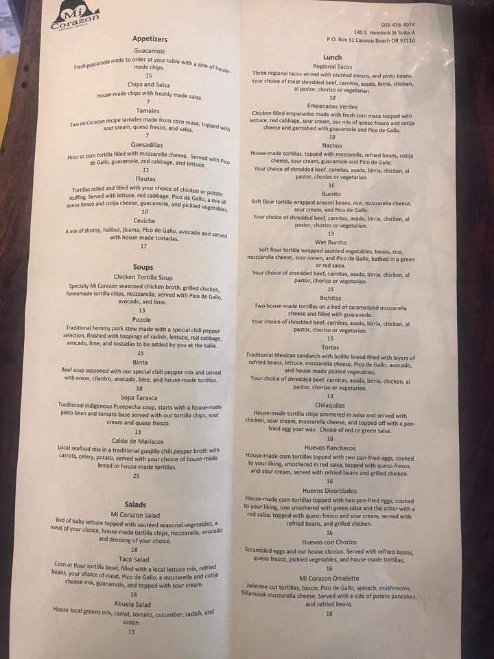 Menu at Mi Corazón Restaurant, Cannon Beach