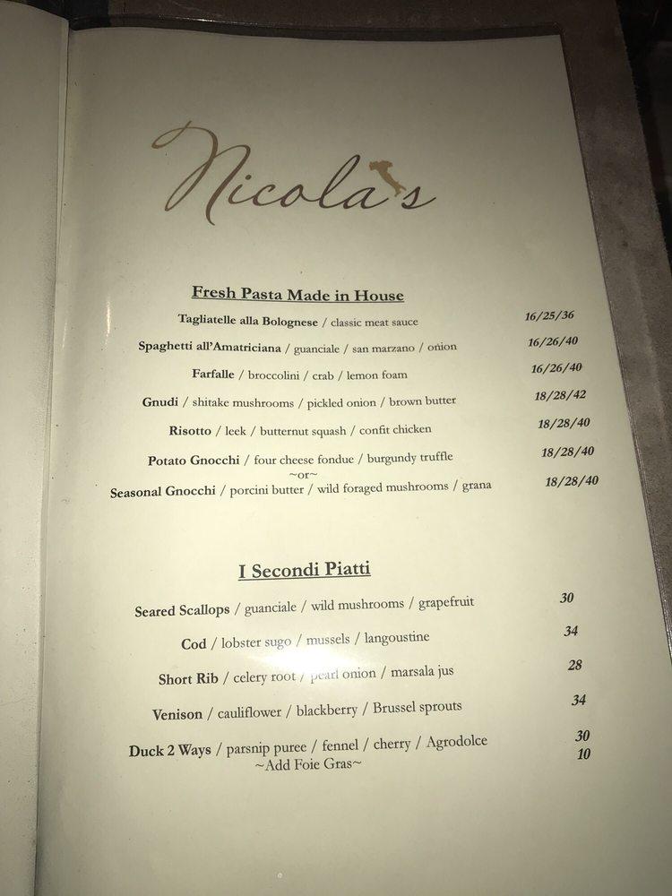 Menu at Nicola's restaurant, Cincinnati