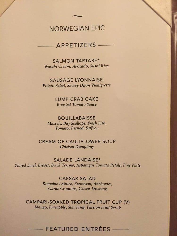 Menu at Norwegian Cruise Line - Epic, Miami