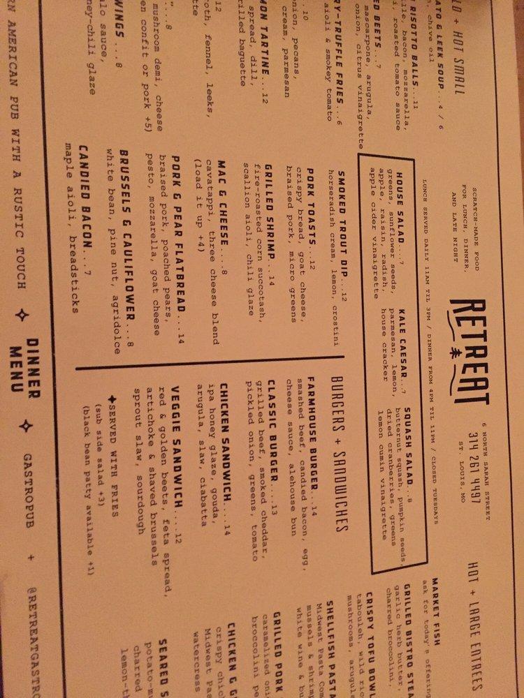 Menu at Retreat Gastropub, St. Louis