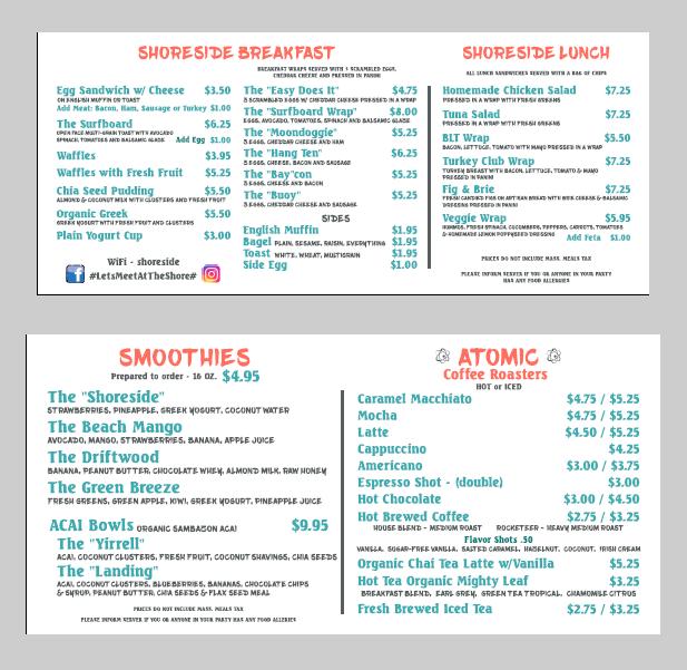 Menu at Shoreside Cafe, Winthrop
