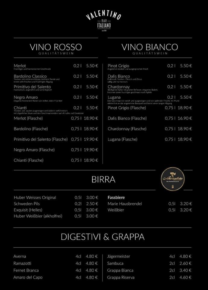 Menu au Valentino Bar Italiano, Nördlingen