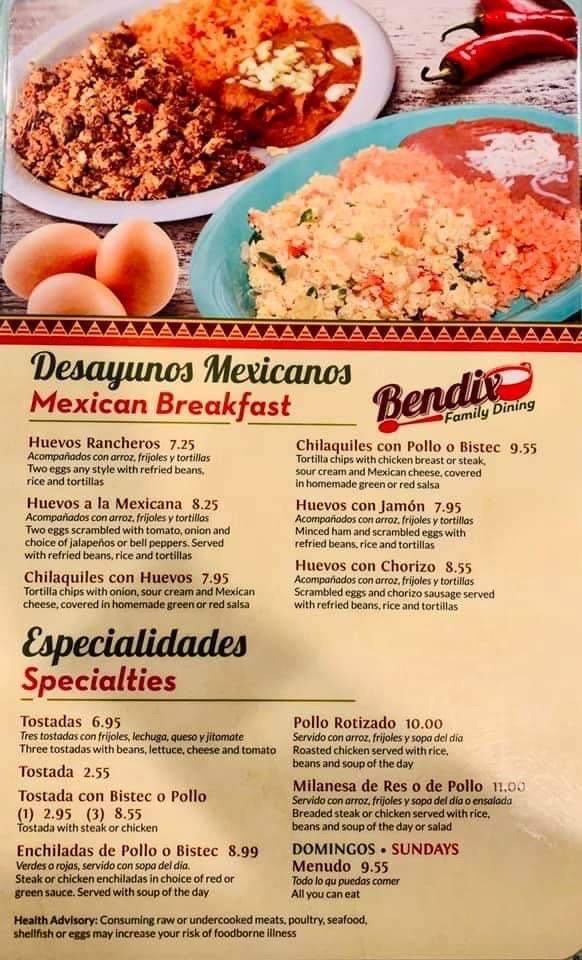 Menu at Bendix Restaurant Family Dining, South Bend, W Western Ave