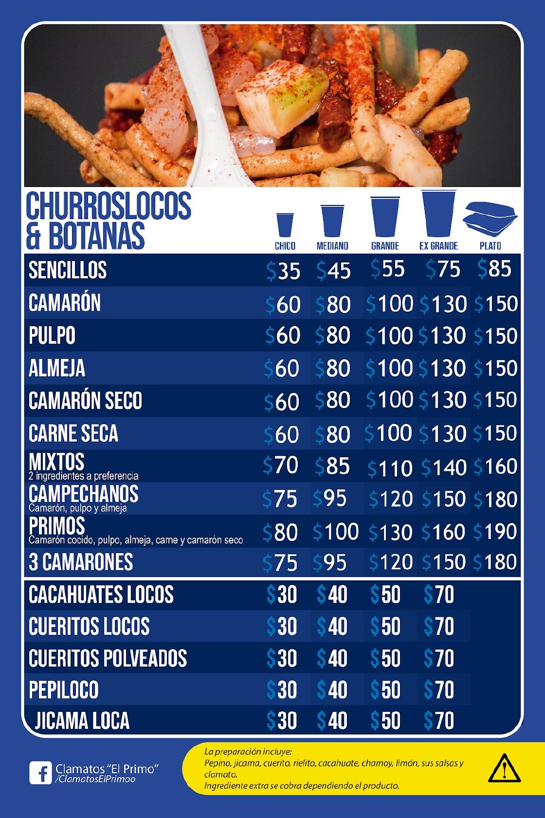 Carta del restaurante Botanas Y Clamatos El Primo, Tijuana
