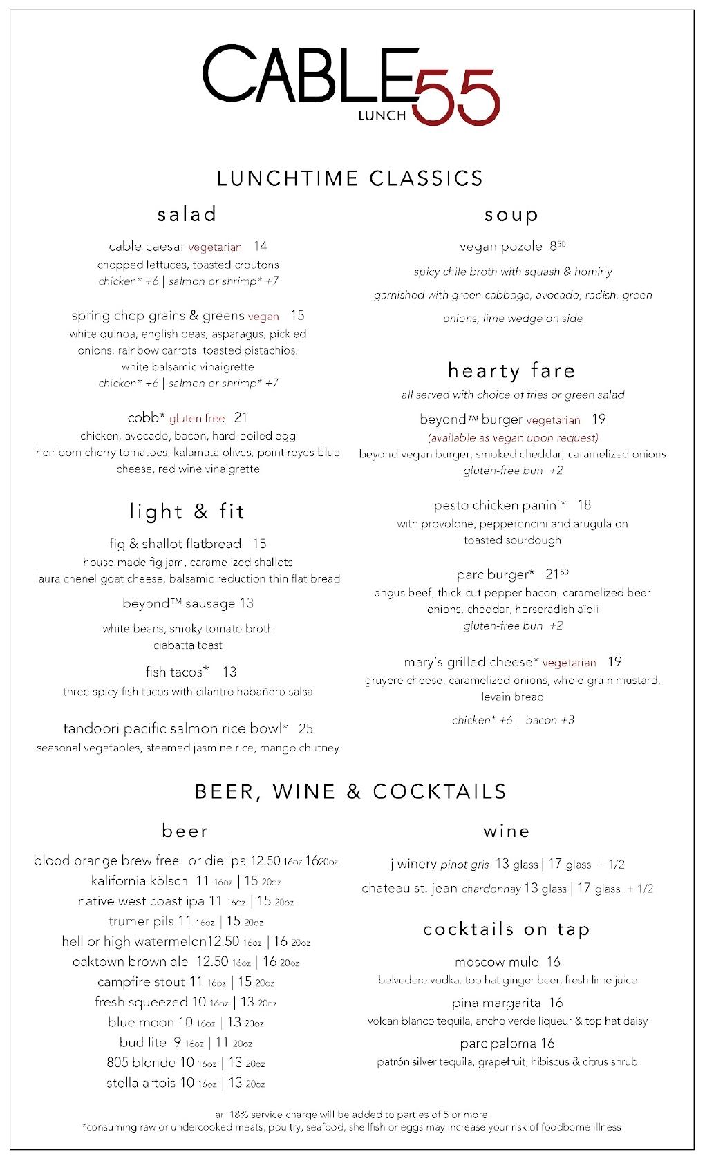 Menu at Cable 55 pub & bar, San Francisco