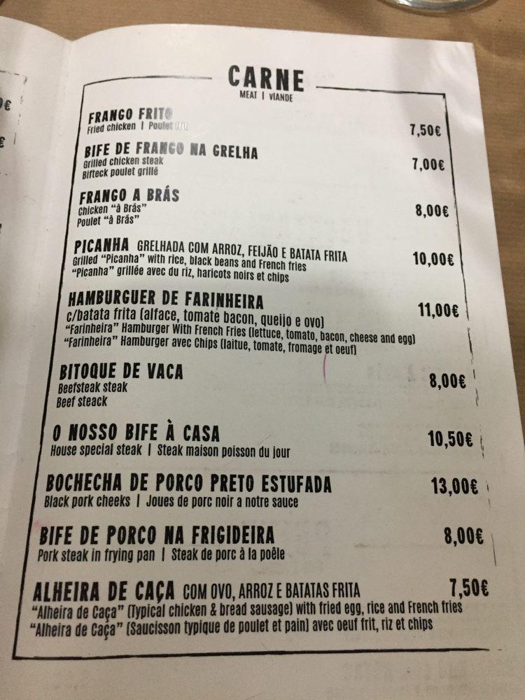 Menu at El-Rei Dom Frango restaurant, Lisbon