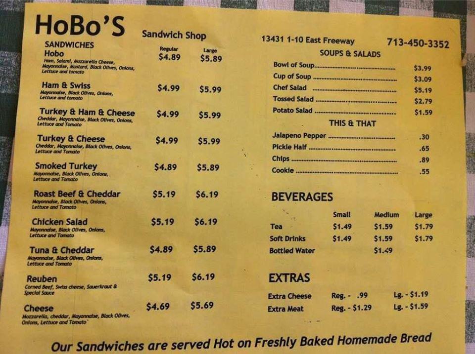 Menu at Hobo's Sandwich Shop restaurant, Mont Belvieu
