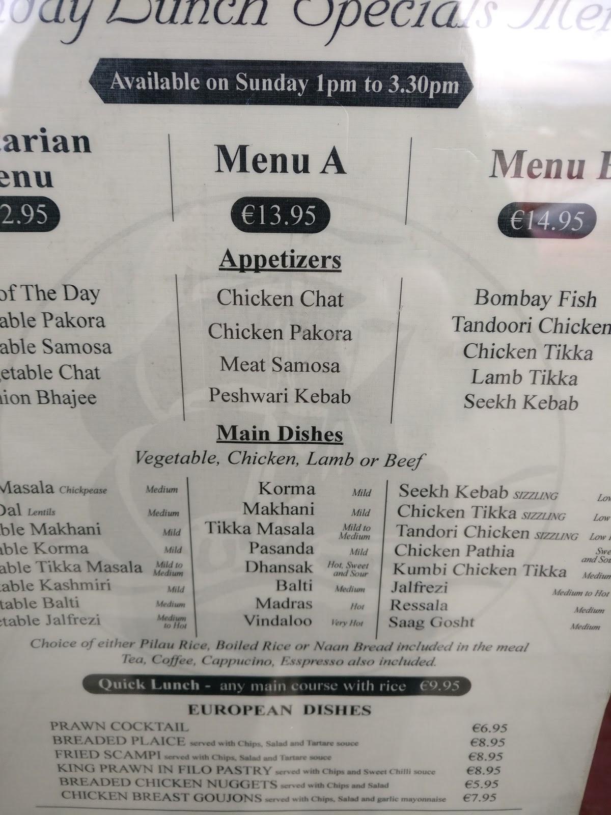 Carta de Indian Ocean Restaurant, Dungarvan