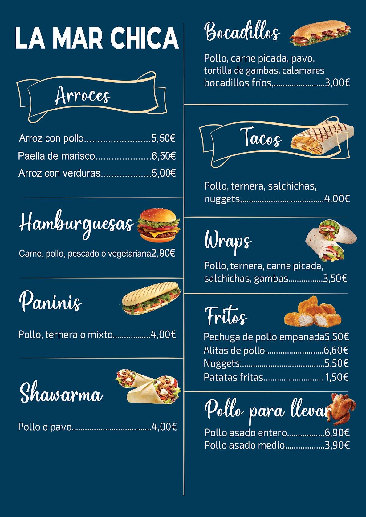 Carta del restaurante Marisquería La Mar Chica, Roquetas del Mar