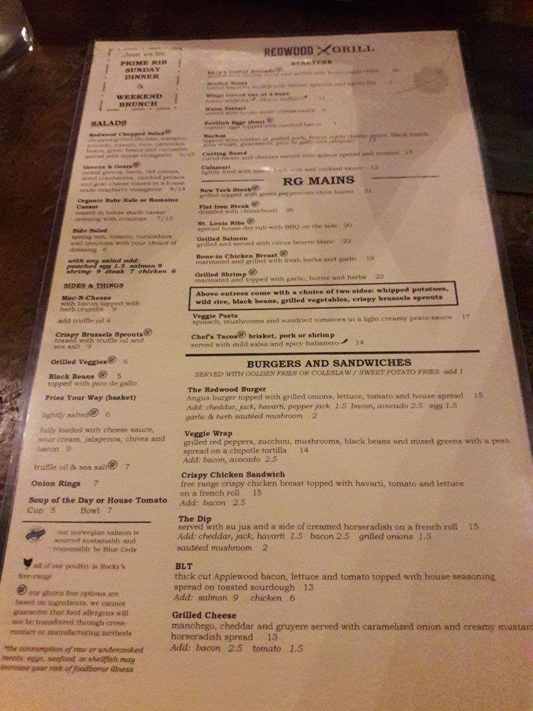Menu at Redwood Grill pub & bar, Redwood City, 356 Woodside Plz